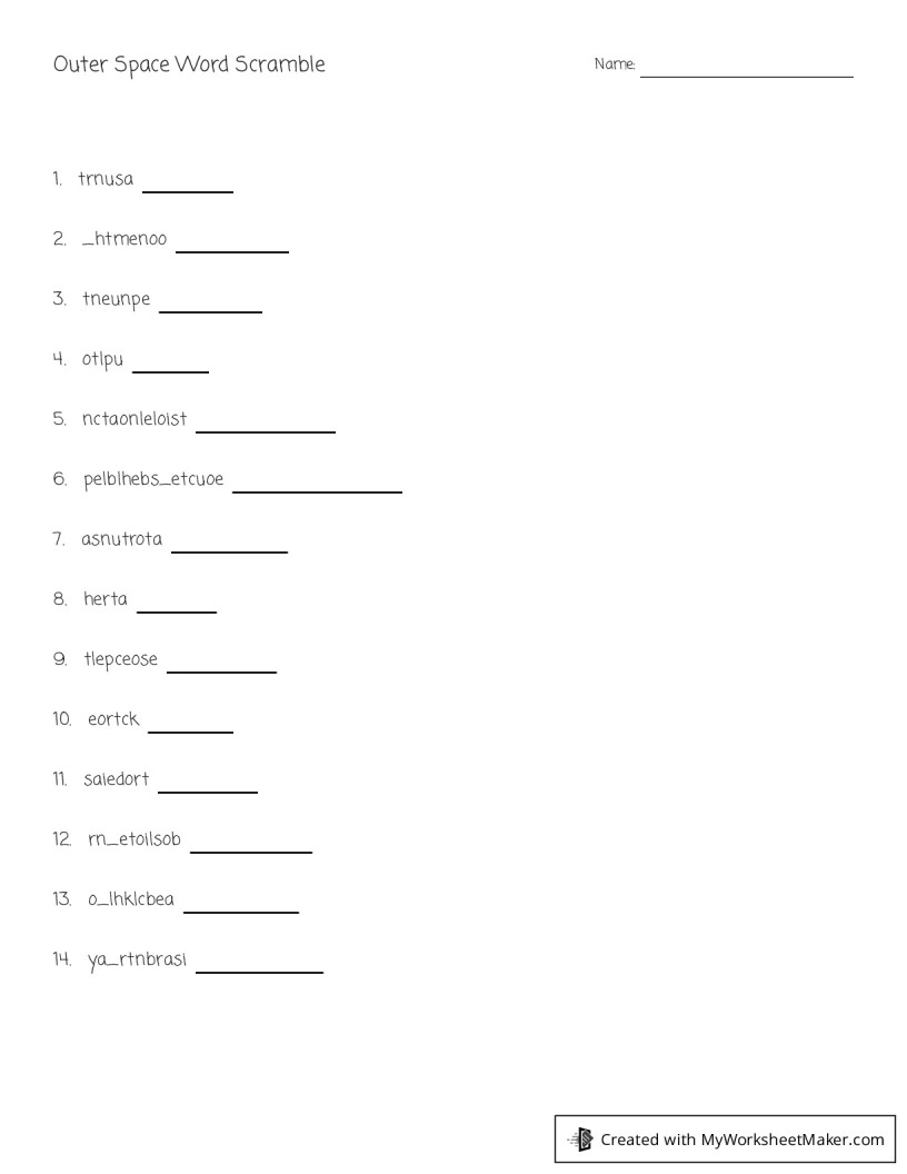 Outer Space Word Scramble - My Worksheet Maker: Create Your Own Worksheets