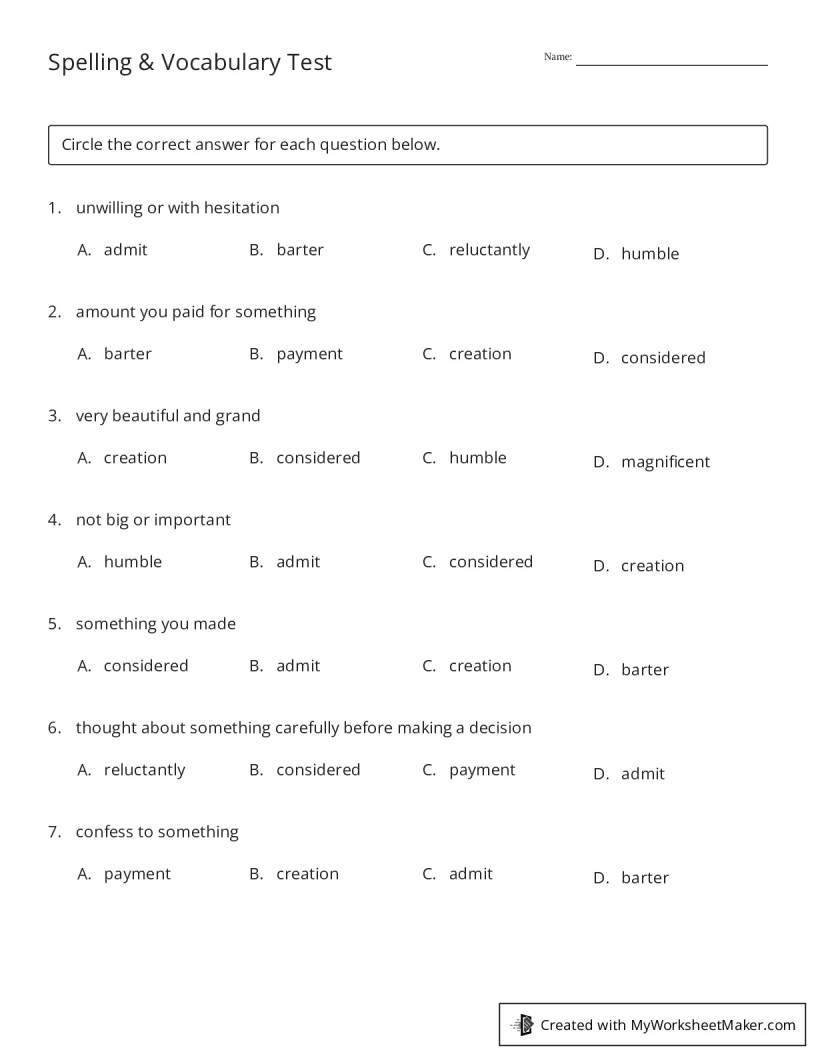 Spelling & Vocabulary Test - My Worksheet Maker: Create Your Own Worksheets