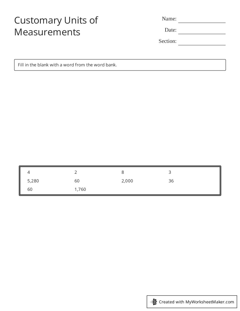 Customary Units of Measurements - My Worksheet Maker: Create Your Own ...