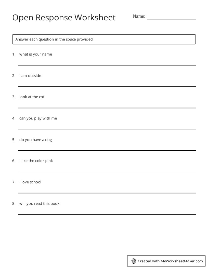 Open Response Worksheet - My Worksheet Maker: Create Your Own Worksheets
