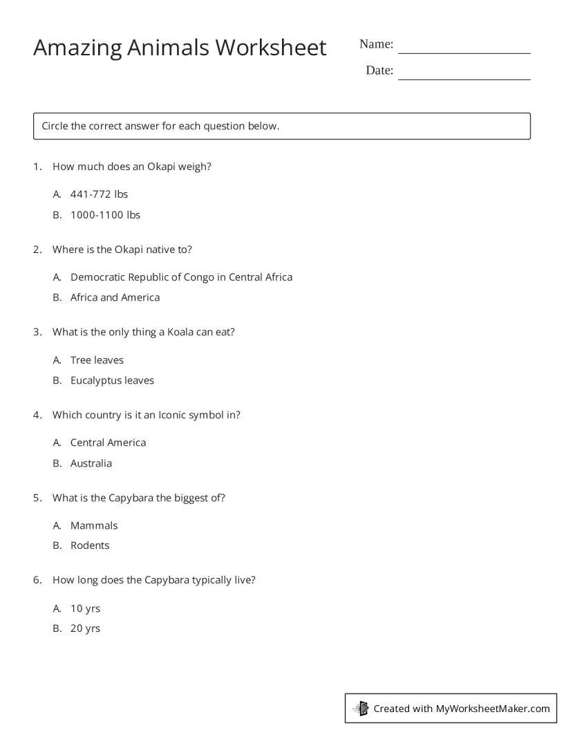 Amazing Animals Worksheet - My Worksheet Maker: Create Your Own Worksheets
