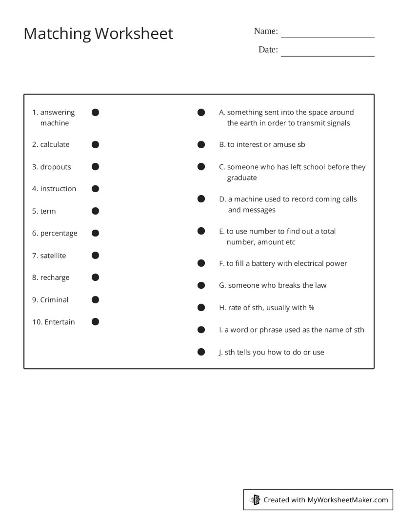 Matching Worksheet - My Worksheet Maker: Create Your Own Worksheets