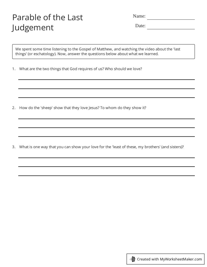 Parable of the Last Judgement - My Worksheet Maker: Create Your Own ...