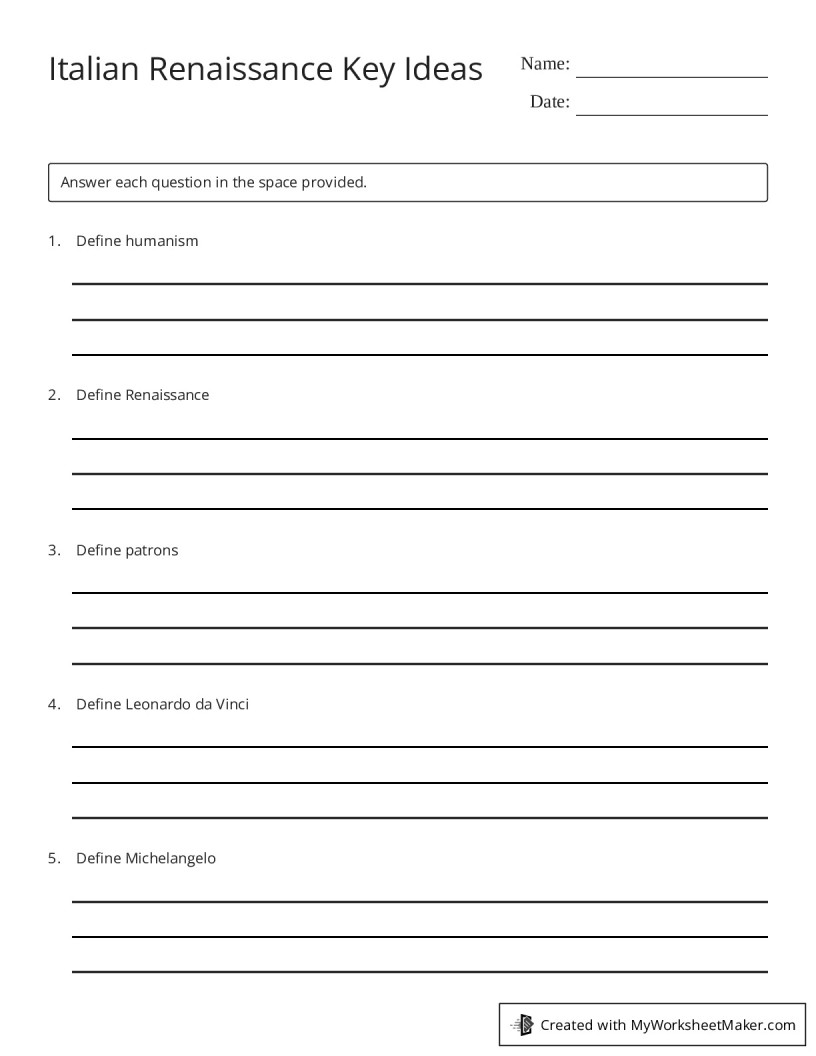 Italian Renaissance Key Ideas - My Worksheet Maker: Create Your Own ...