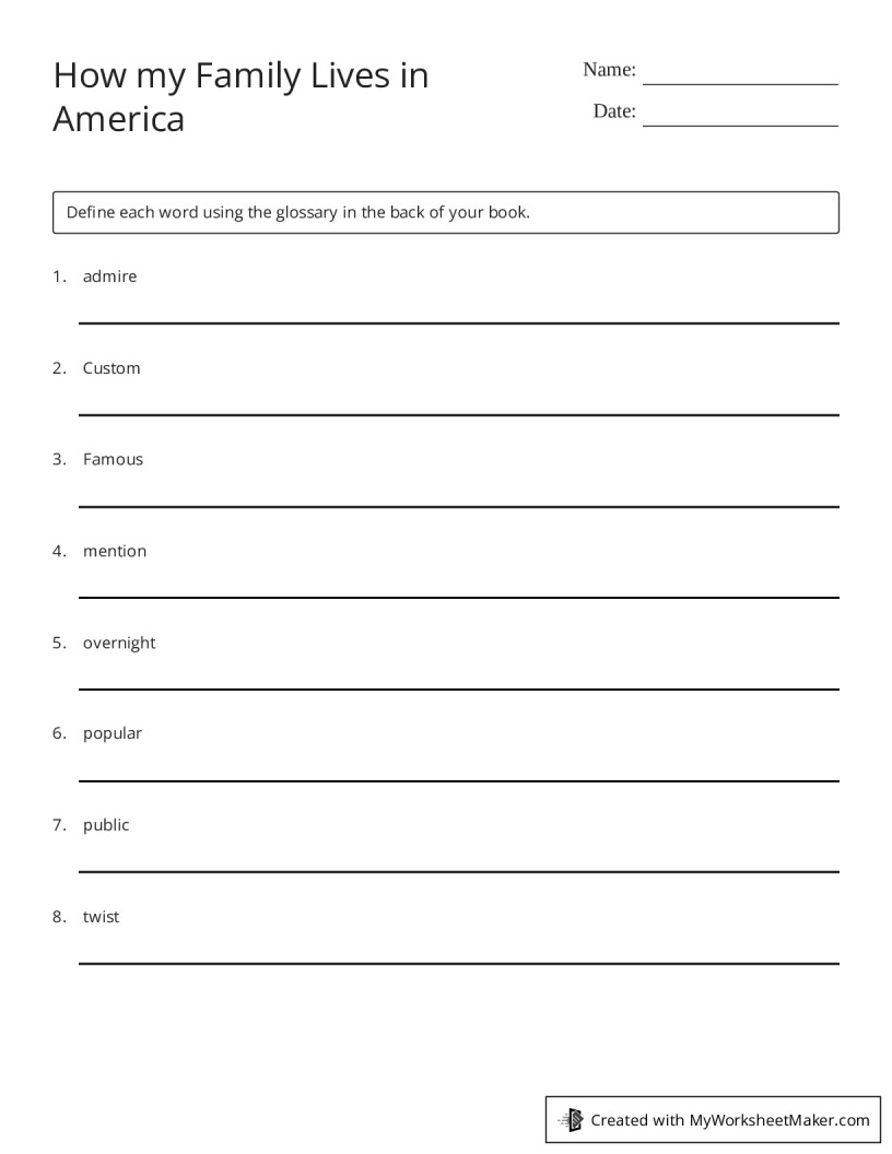How my Family Lives in America - My Worksheet Maker: Create Your Own ...