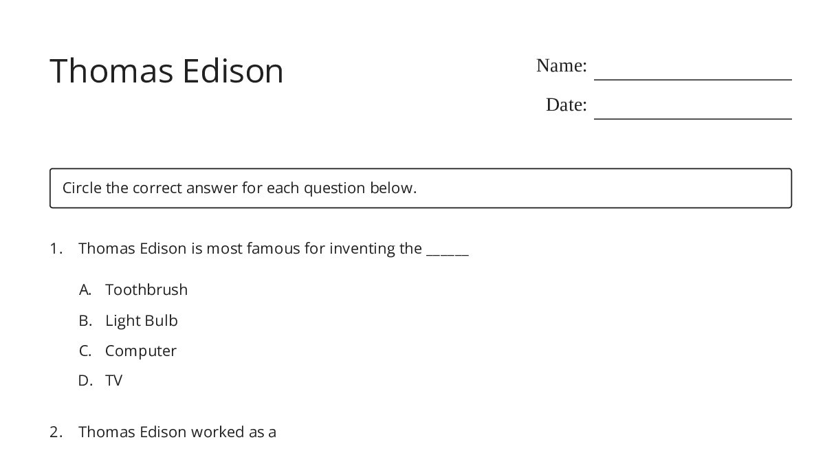 Thomas Edison - My Worksheet Maker: Create Your Own Worksheets