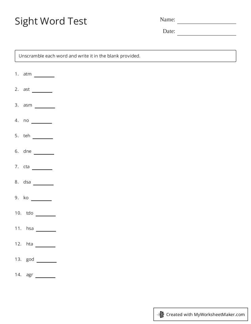 Sight Word Test - My Worksheet Maker: Create Your Own Worksheets