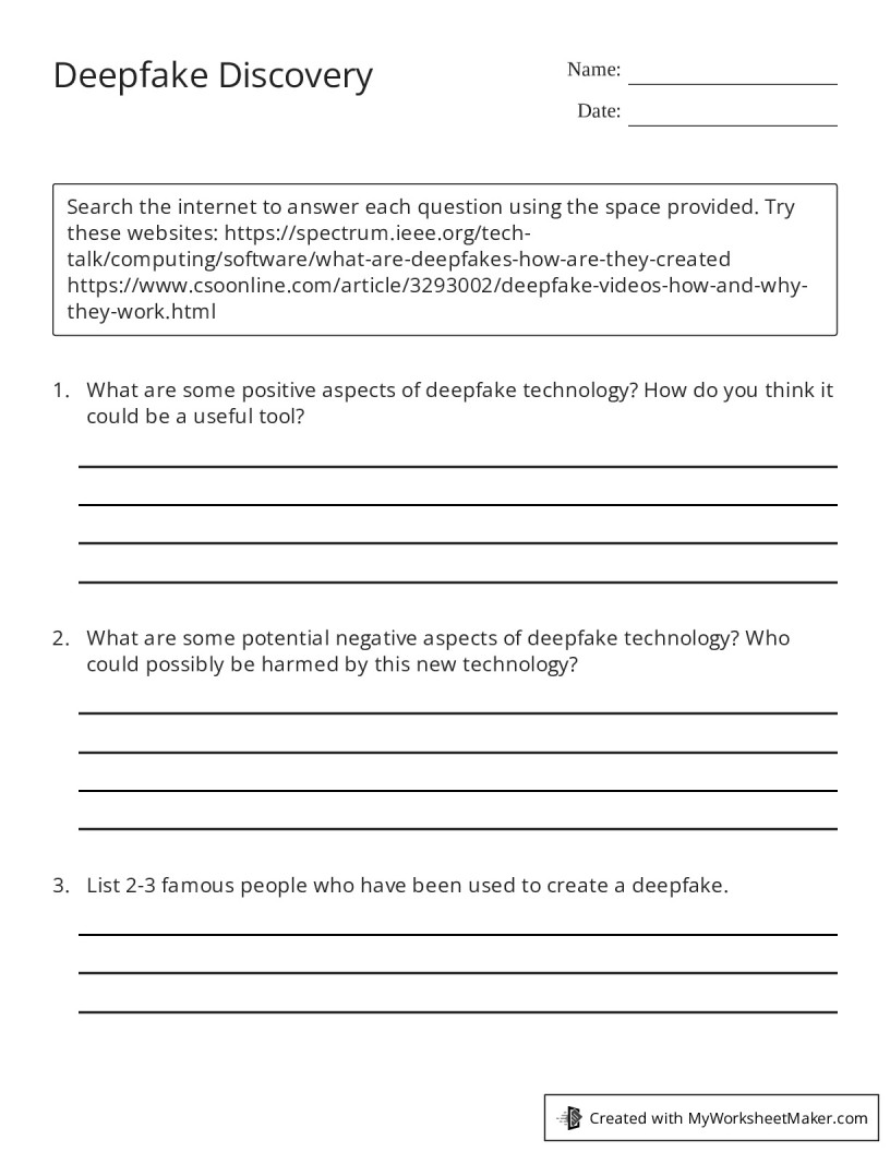 Deepfake Discovery - My Worksheet Maker: Create Your Own Worksheets