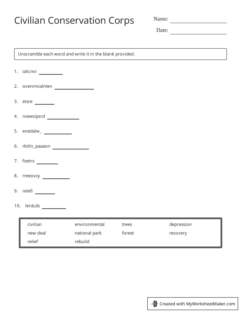 Civilian Conservation Corps - My Worksheet Maker: Create Your Own ...