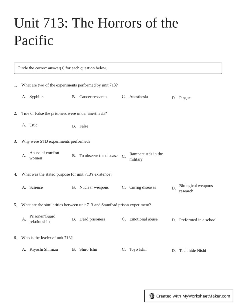 Unit 713: The Horrors of the Pacific - My Worksheet Maker: Create Your ...