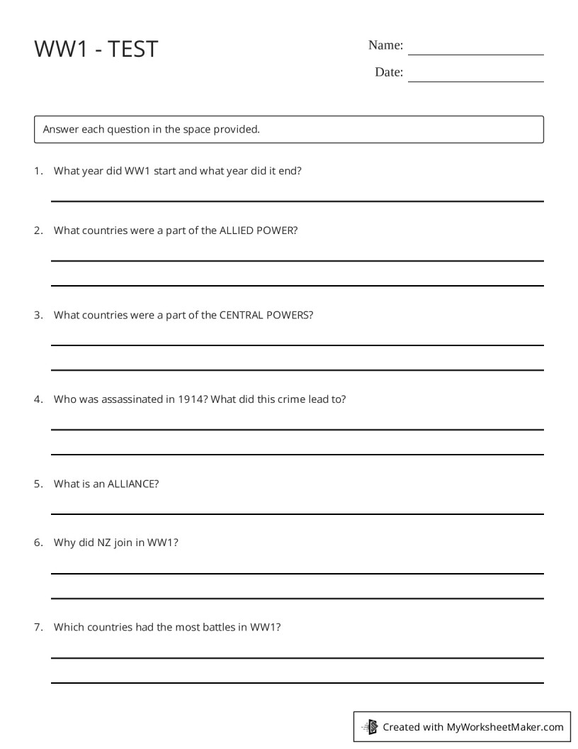 WW1 - TEST - My Worksheet Maker: Create Your Own Worksheets