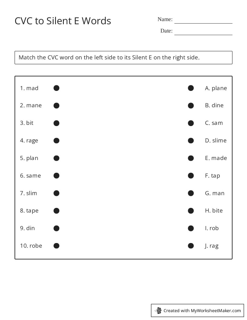 CVC to Silent E Words - My Worksheet Maker: Create Your Own Worksheets