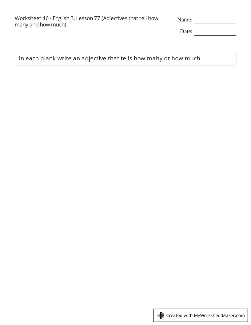 Worksheet 46 - English 3, Lesson 77 (Adjectives that tell how many and ...