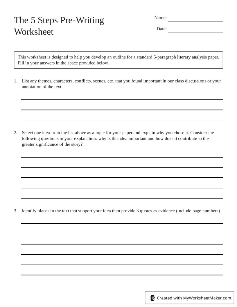The 5 Steps Pre-Writing Worksheet - My Worksheet Maker: Create Your Own ...