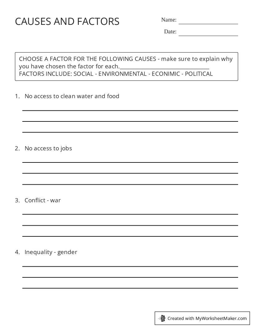 CAUSES AND FACTORS - My Worksheet Maker: Create Your Own Worksheets
