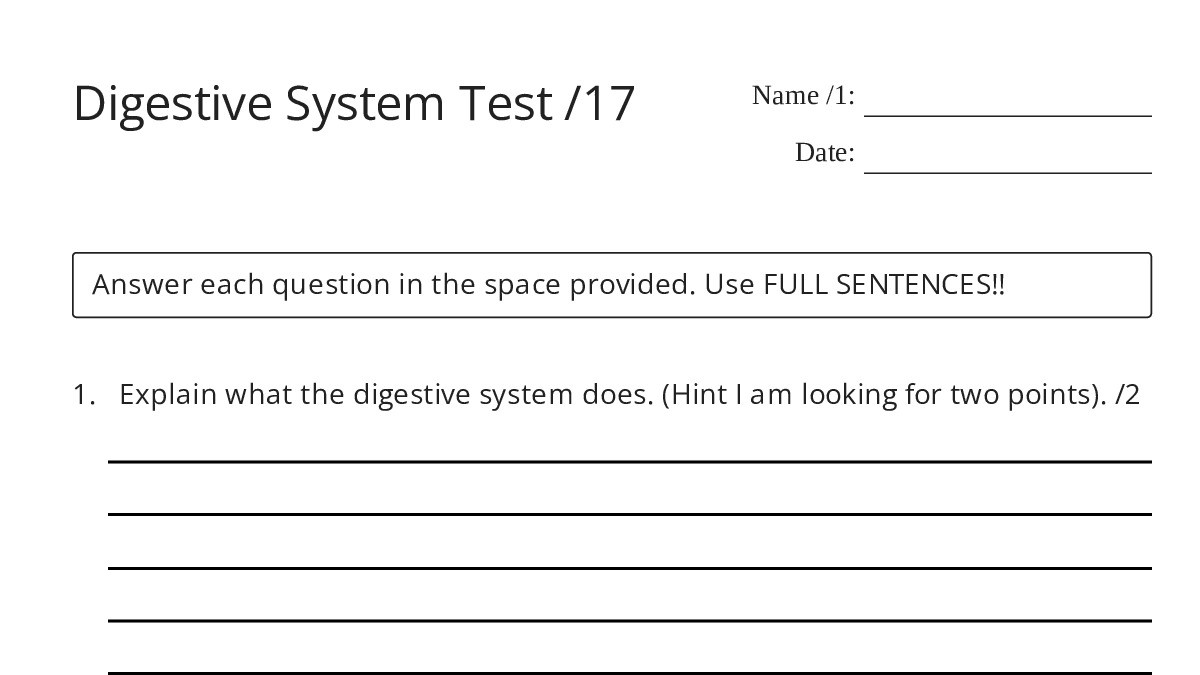 Digestive System Test /17 - My Worksheet Maker: Create Your Own Worksheets