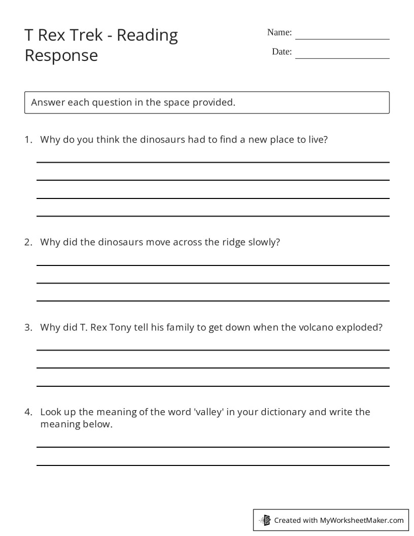 T Rex Trek - Reading Response - My Worksheet Maker: Create Your Own ...