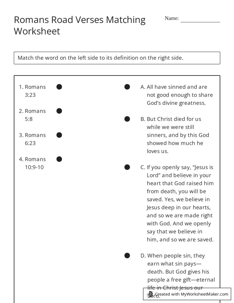Romans Road Verses Matching Worksheet - My Worksheet Maker: Create Your ...