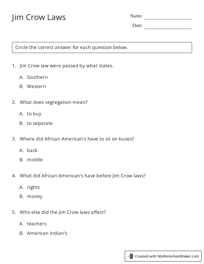 Jim Crow Laws - My Worksheet Maker: Create Your Own Worksheets
