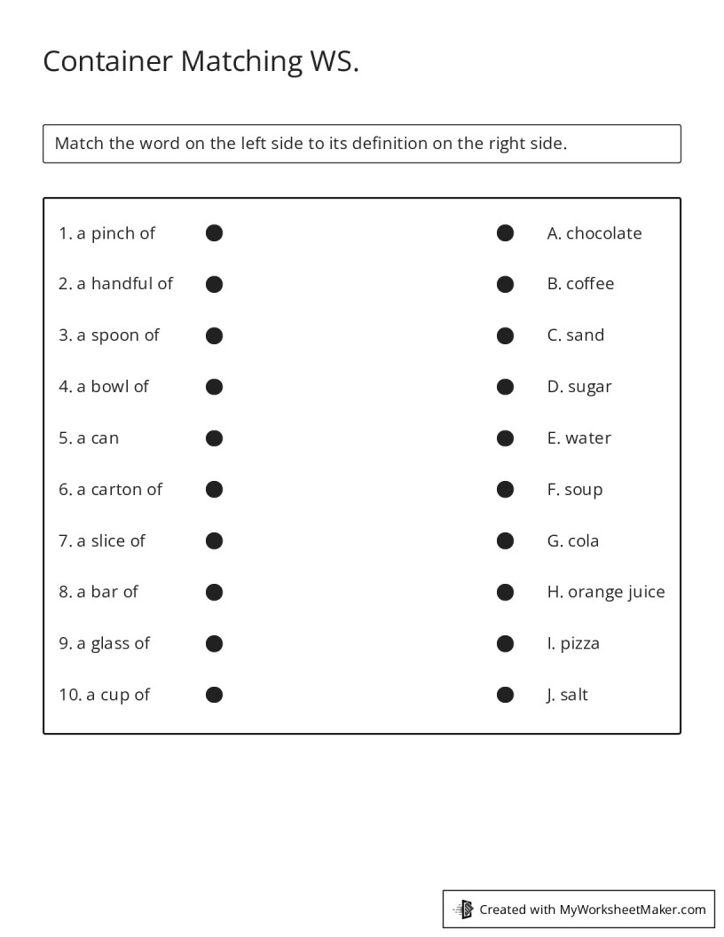Container Matching WS. - My Worksheet Maker: Create Your Own Worksheets