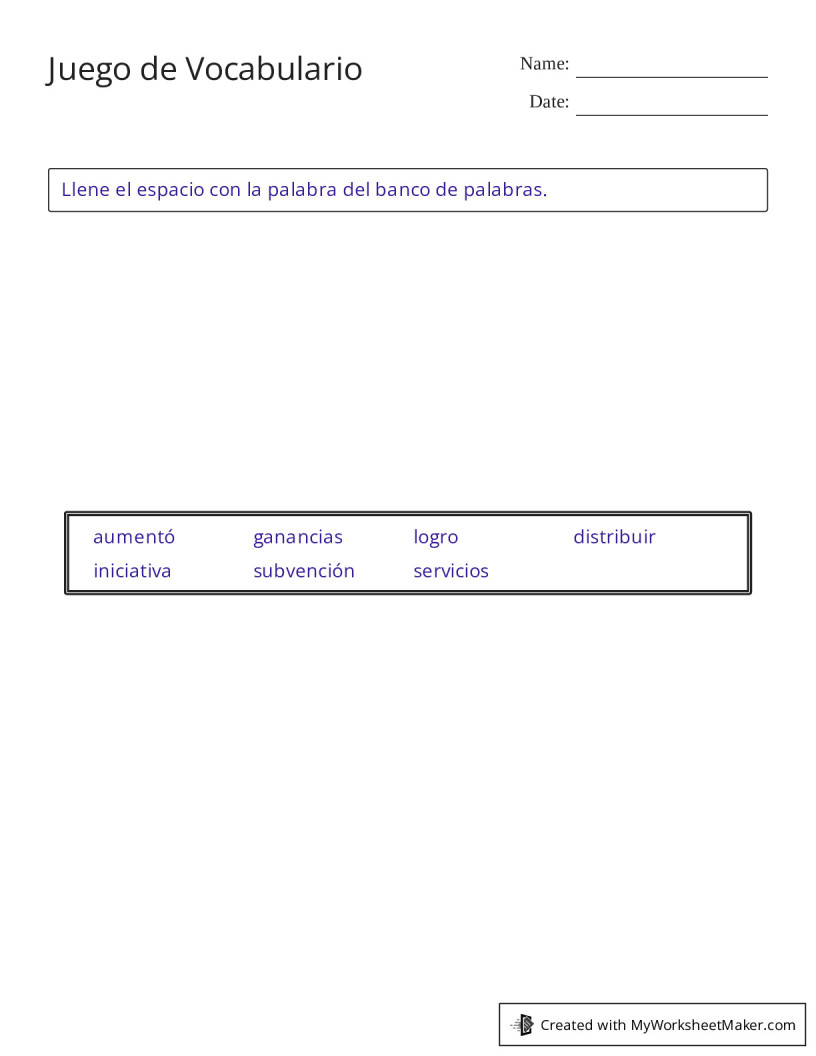 Juego de Vocabulario - My Worksheet Maker: Create Your Own Worksheets