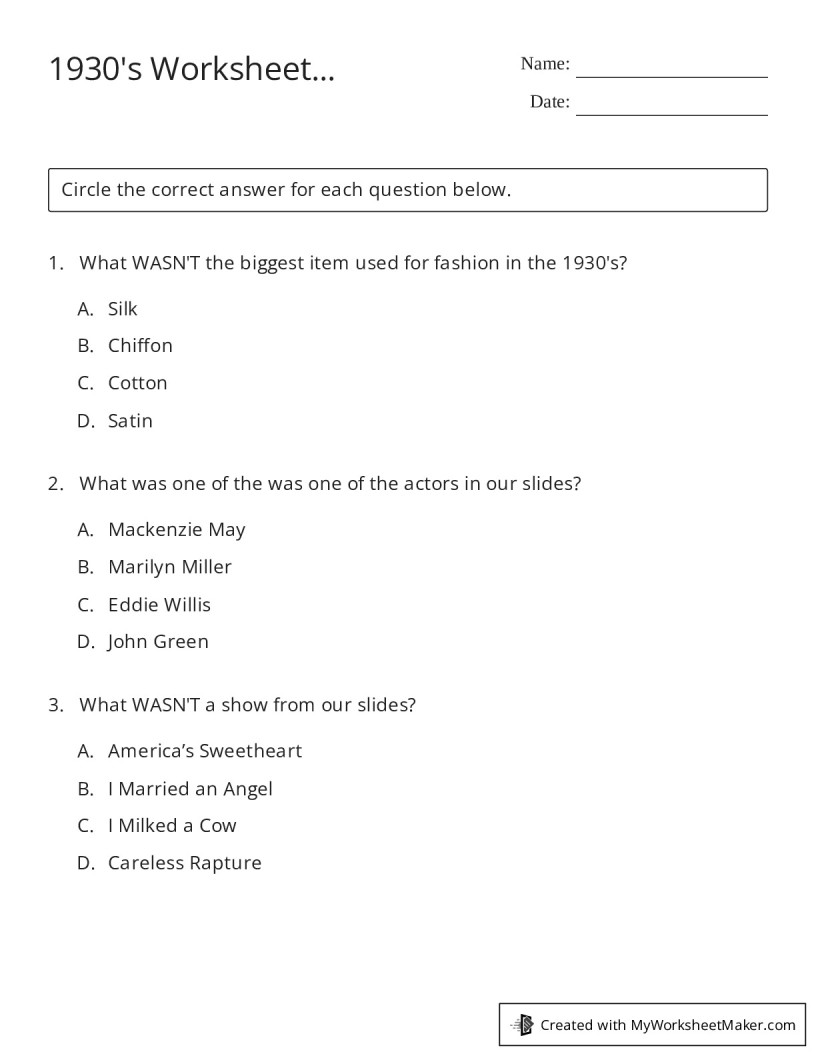 1930's Worksheet... - My Worksheet Maker: Create Your Own Worksheets