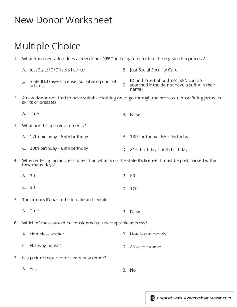 New Donor Worksheet - My Worksheet Maker: Create Your Own Worksheets