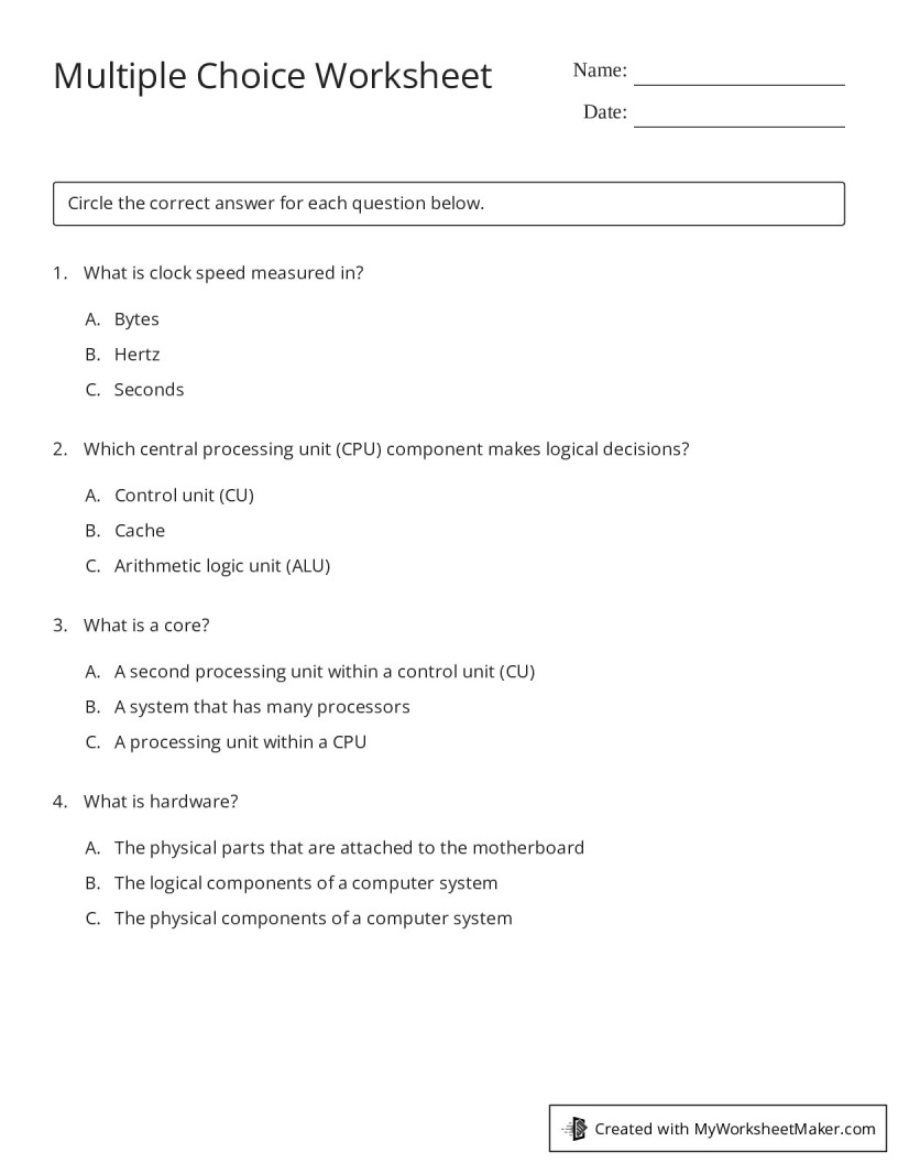 Multiple Choice Worksheet - My Worksheet Maker: Create Your Own Worksheets