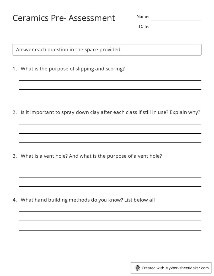 Ceramics Pre- Assessment - My Worksheet Maker: Create Your Own Worksheets