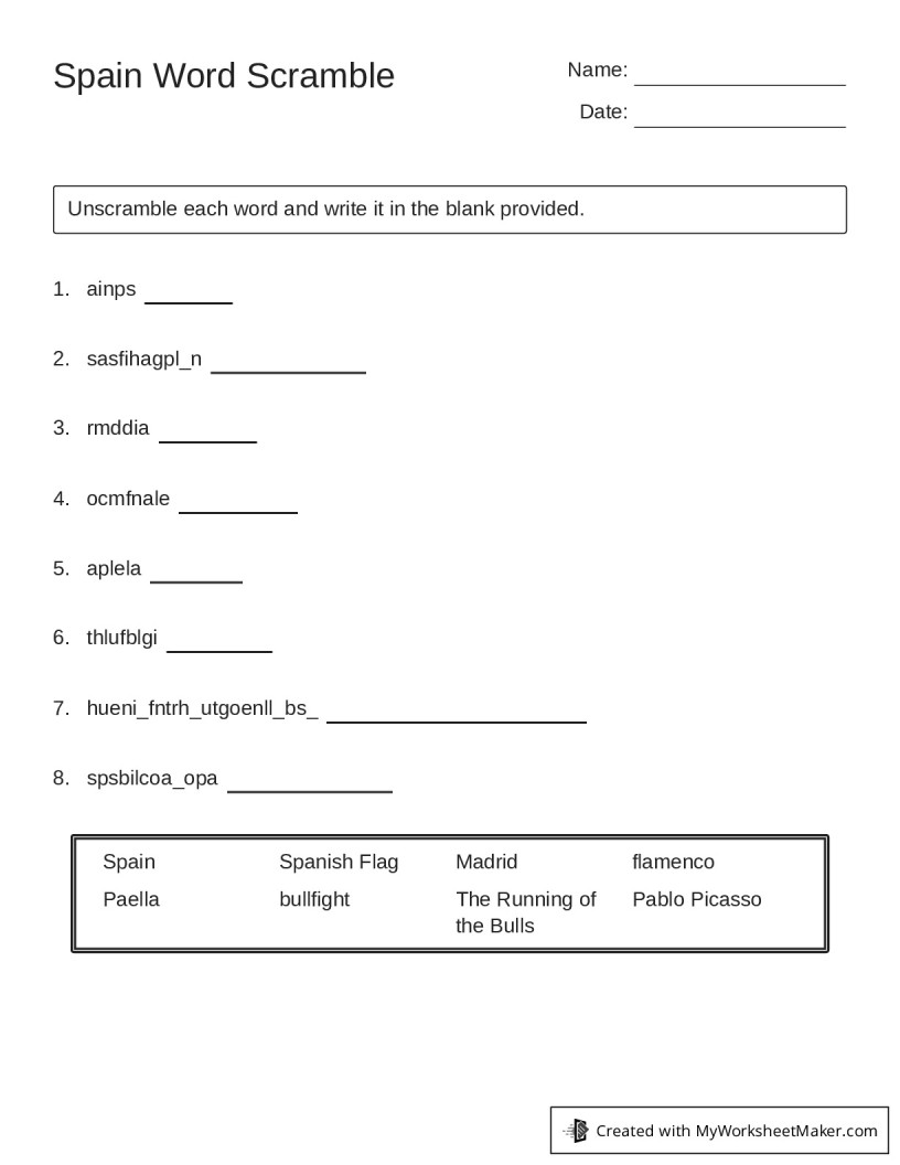 Spain Word Scramble - My Worksheet Maker: Create Your Own Worksheets