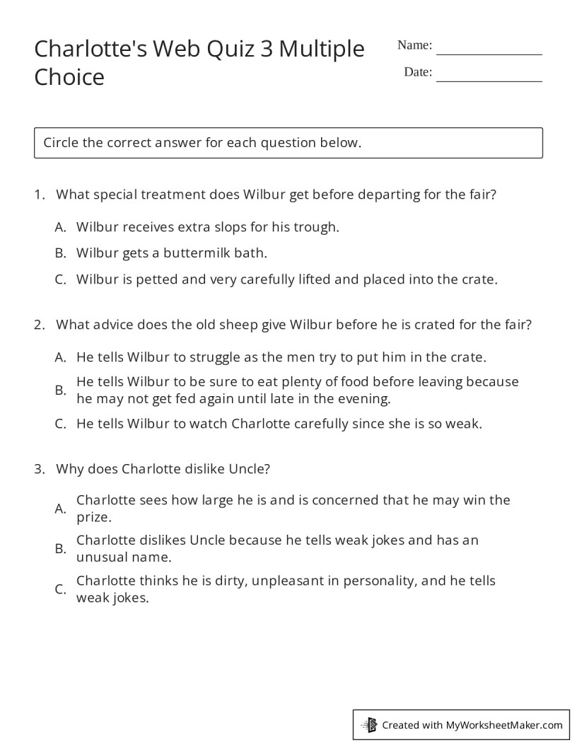 Charlotte's Web Quiz 3 Multiple Choice - My Worksheet Maker: Create ...