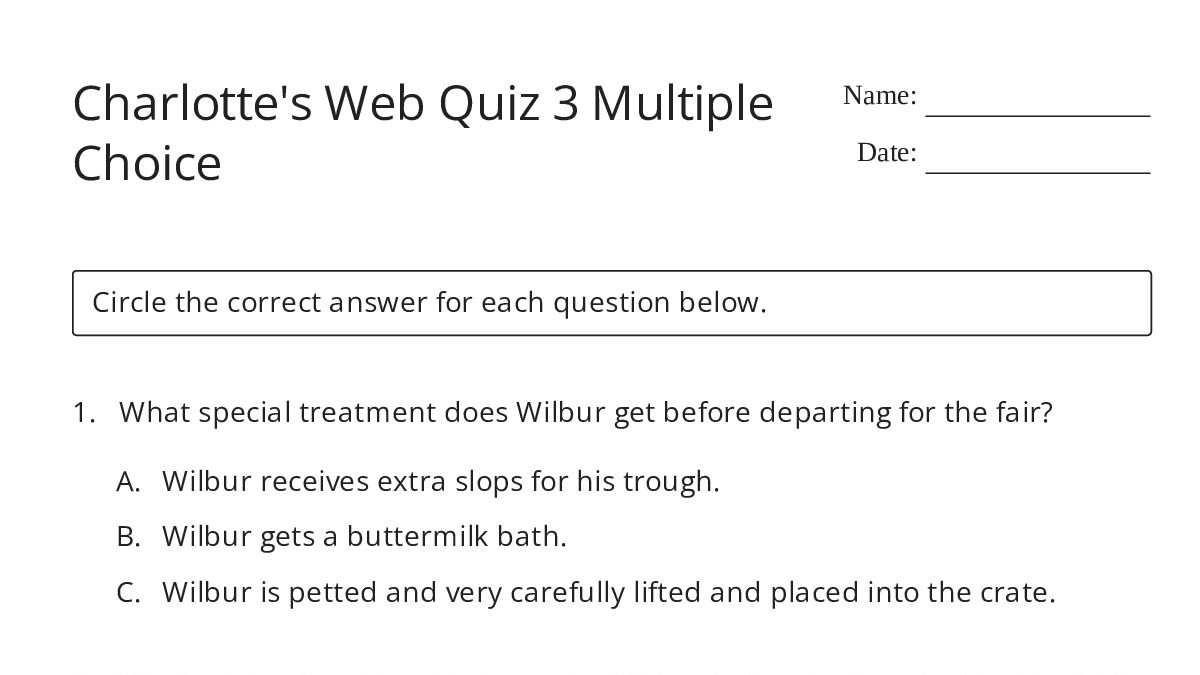 Charlotte's Web Quiz 3 Multiple Choice - My Worksheet Maker: Create ...