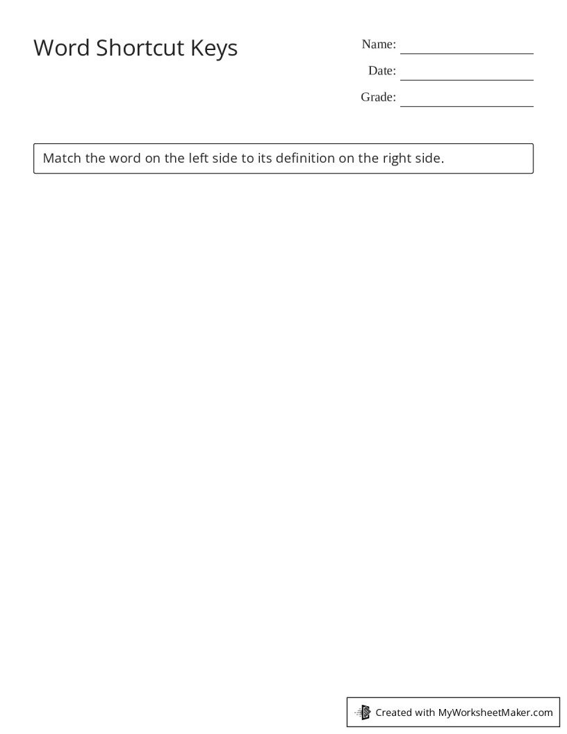 Word Shortcut Keys - My Worksheet Maker: Create Your Own Worksheets