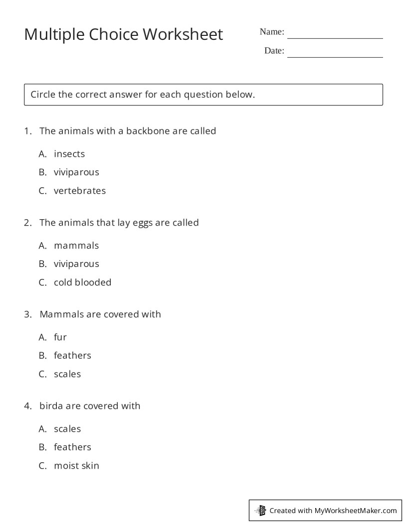 Multiple Choice Worksheet - My Worksheet Maker: Create Your Own Worksheets