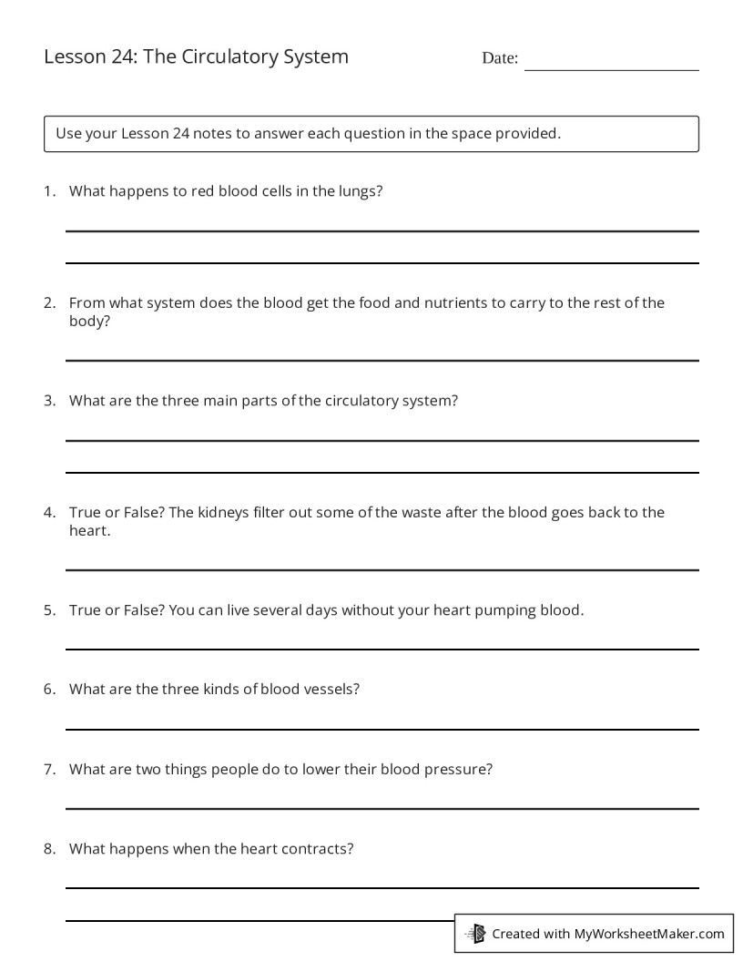 Lesson 24: The Circulatory System - My Worksheet Maker: Create Your Own ...