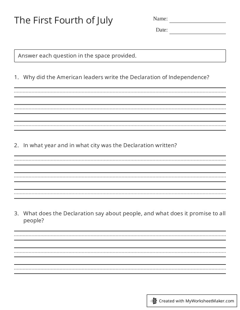 The First Fourth of July - My Worksheet Maker: Create Your Own Worksheets