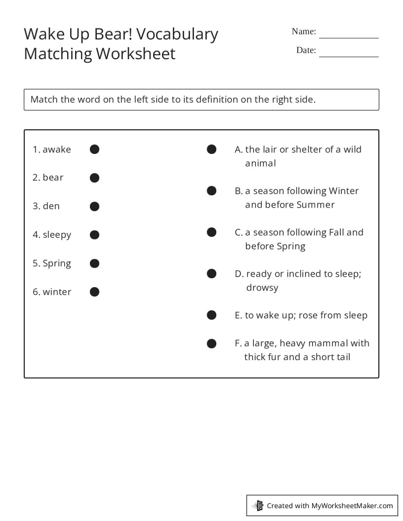 Wake Up Bear! Vocabulary Matching Worksheet - My Worksheet Maker ...