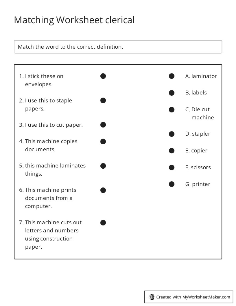 Matching Worksheet clerical - My Worksheet Maker: Create Your Own ...