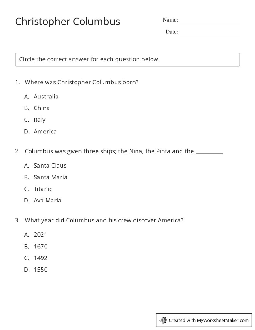 Christopher Columbus - My Worksheet Maker: Create Your Own Worksheets