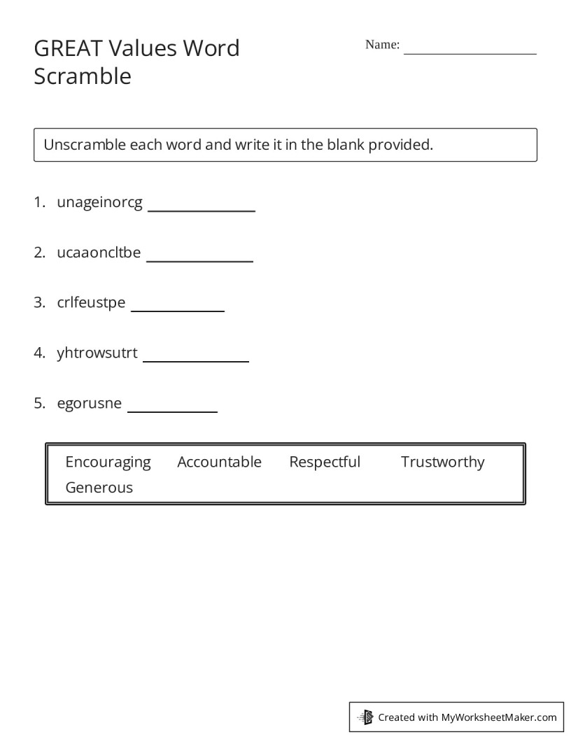 GREAT Values Word Scramble - My Worksheet Maker: Create Your Own Worksheets