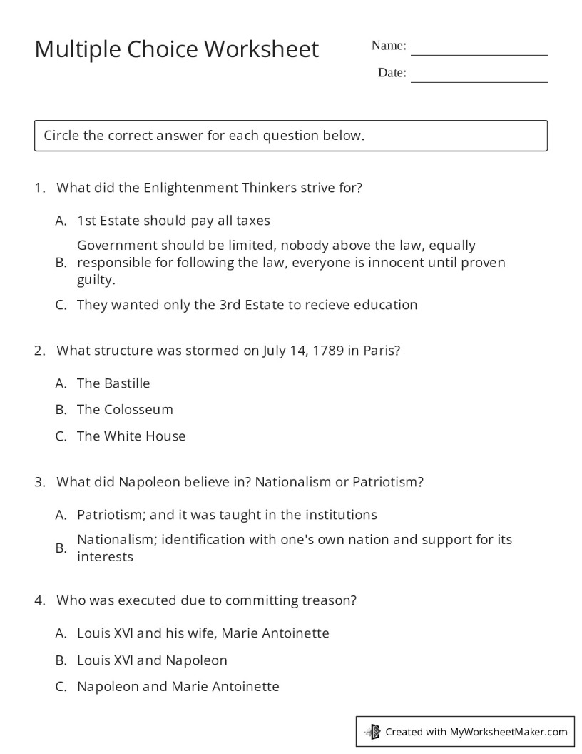 Multiple Choice Worksheet - My Worksheet Maker: Create Your Own Worksheets