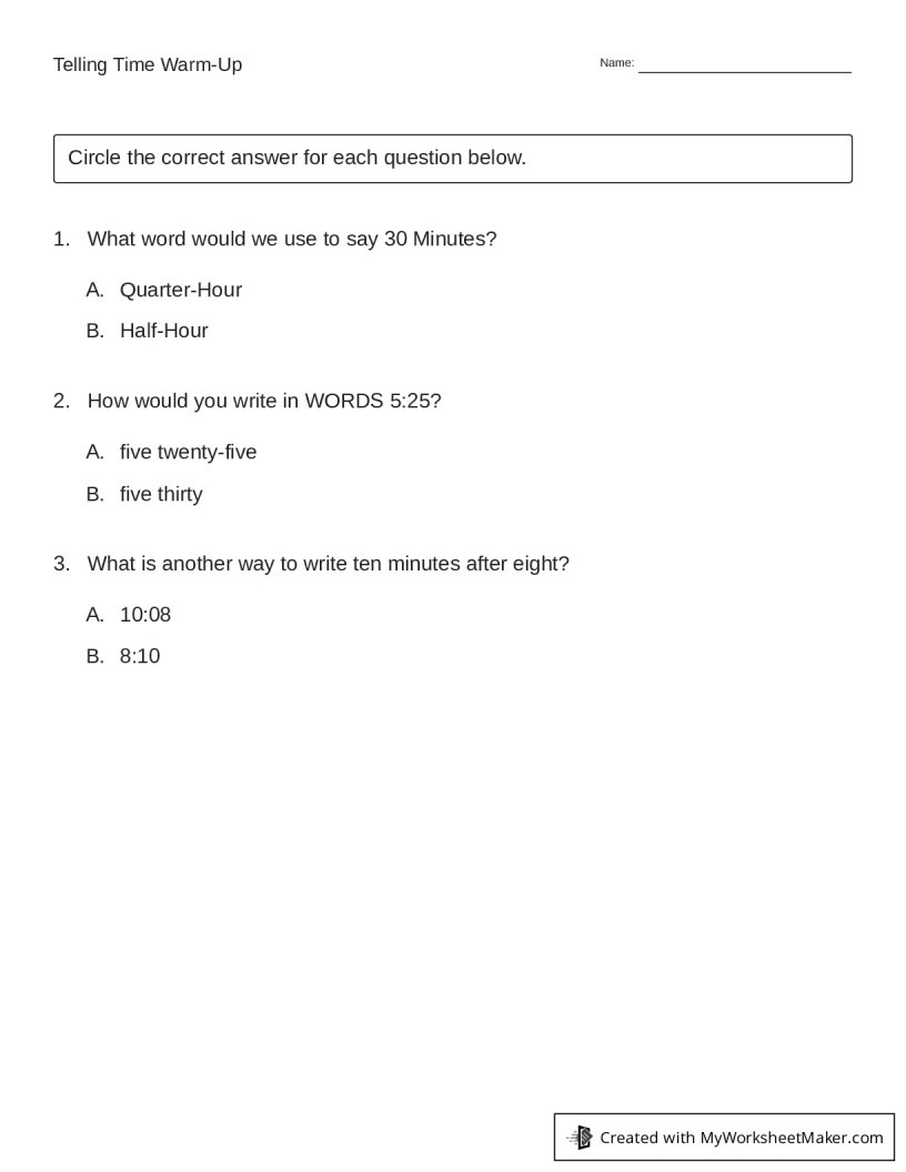 Telling Time Warm-Up - My Worksheet Maker: Create Your Own Worksheets