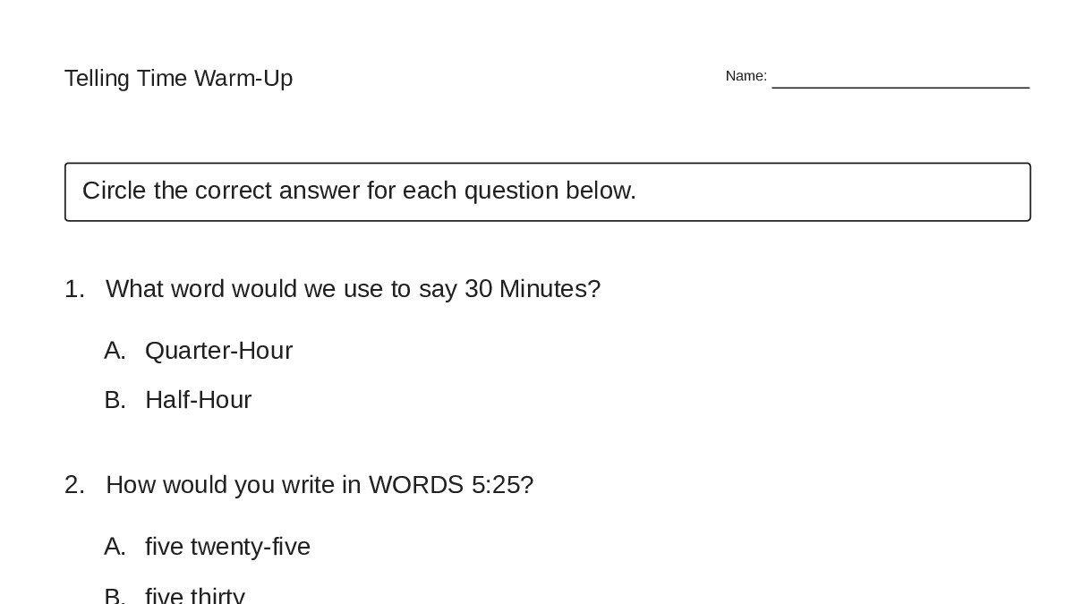 Telling Time Warm-Up - My Worksheet Maker: Create Your Own Worksheets