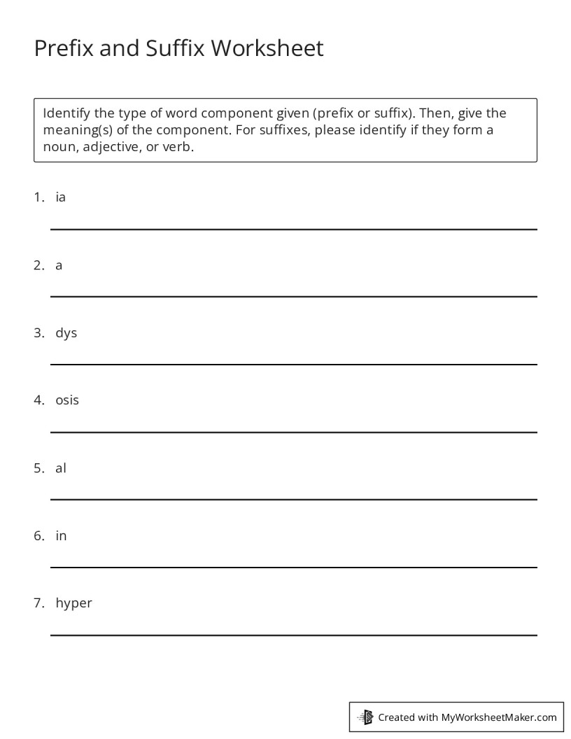 Prefix and Suffix Worksheet - My Worksheet Maker: Create Your Own ...
