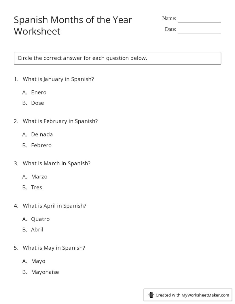 Spanish Months of the Year Worksheet - My Worksheet Maker: Create Your ...