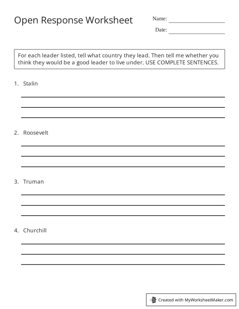 Open Response Worksheet - My Worksheet Maker: Create Your Own Worksheets