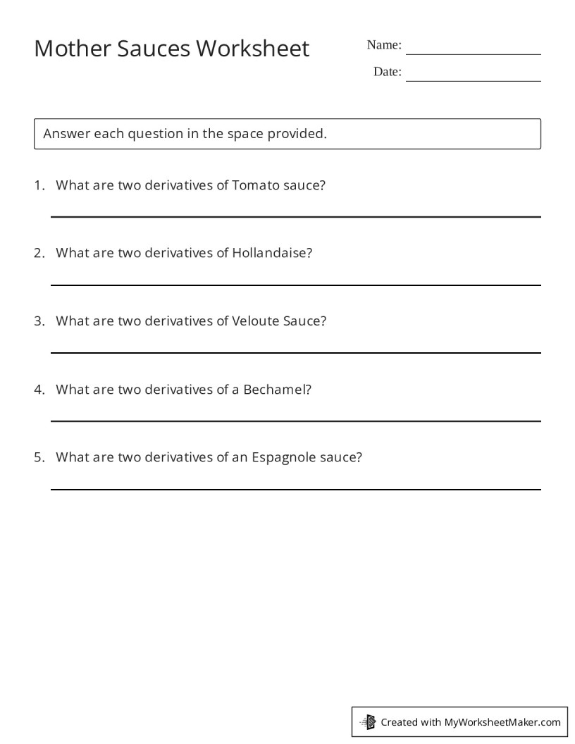Mother Sauces Worksheet - My Worksheet Maker: Create Your Own Worksheets