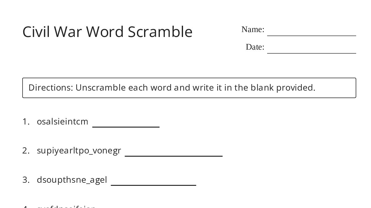 Civil War Word Scramble - My Worksheet Maker: Create Your Own Worksheets