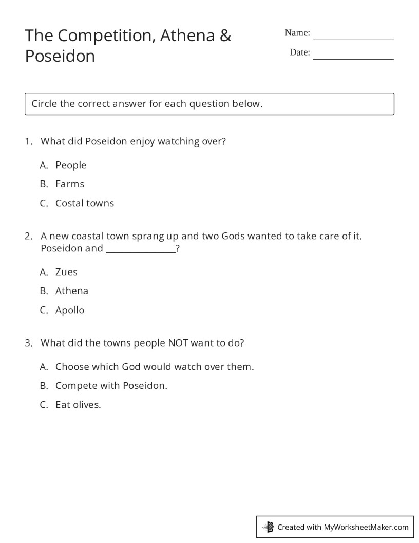 The Competition, Athena & Poseidon - My Worksheet Maker: Create Your ...