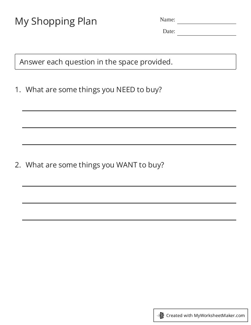My Shopping Plan - My Worksheet Maker: Create Your Own Worksheets